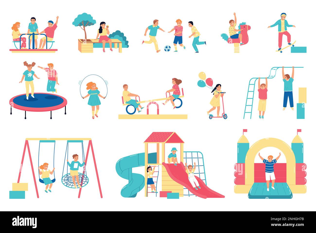 Children playground icon set children have fun and play street games ...
