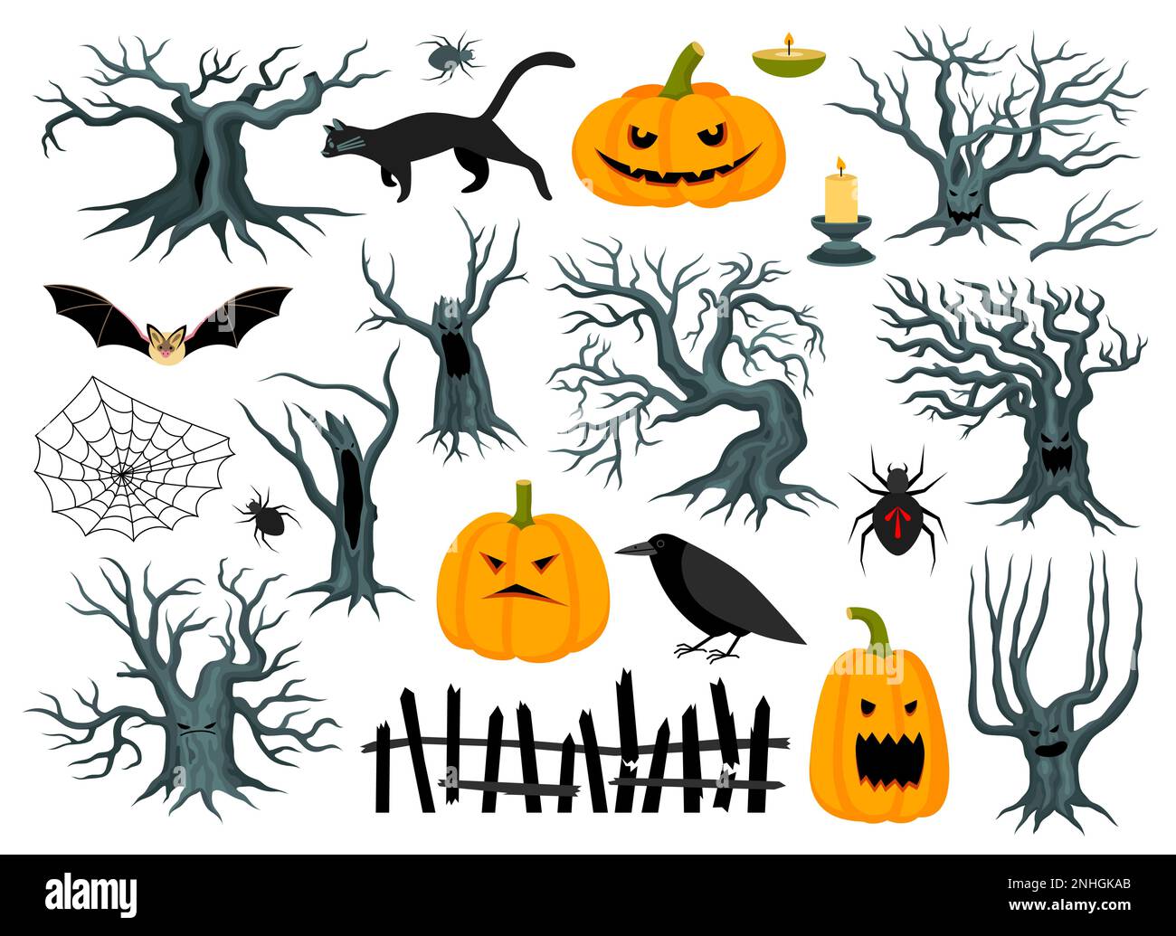 Halloween flat set of spooky trees scary pumpkins and various holiday ...