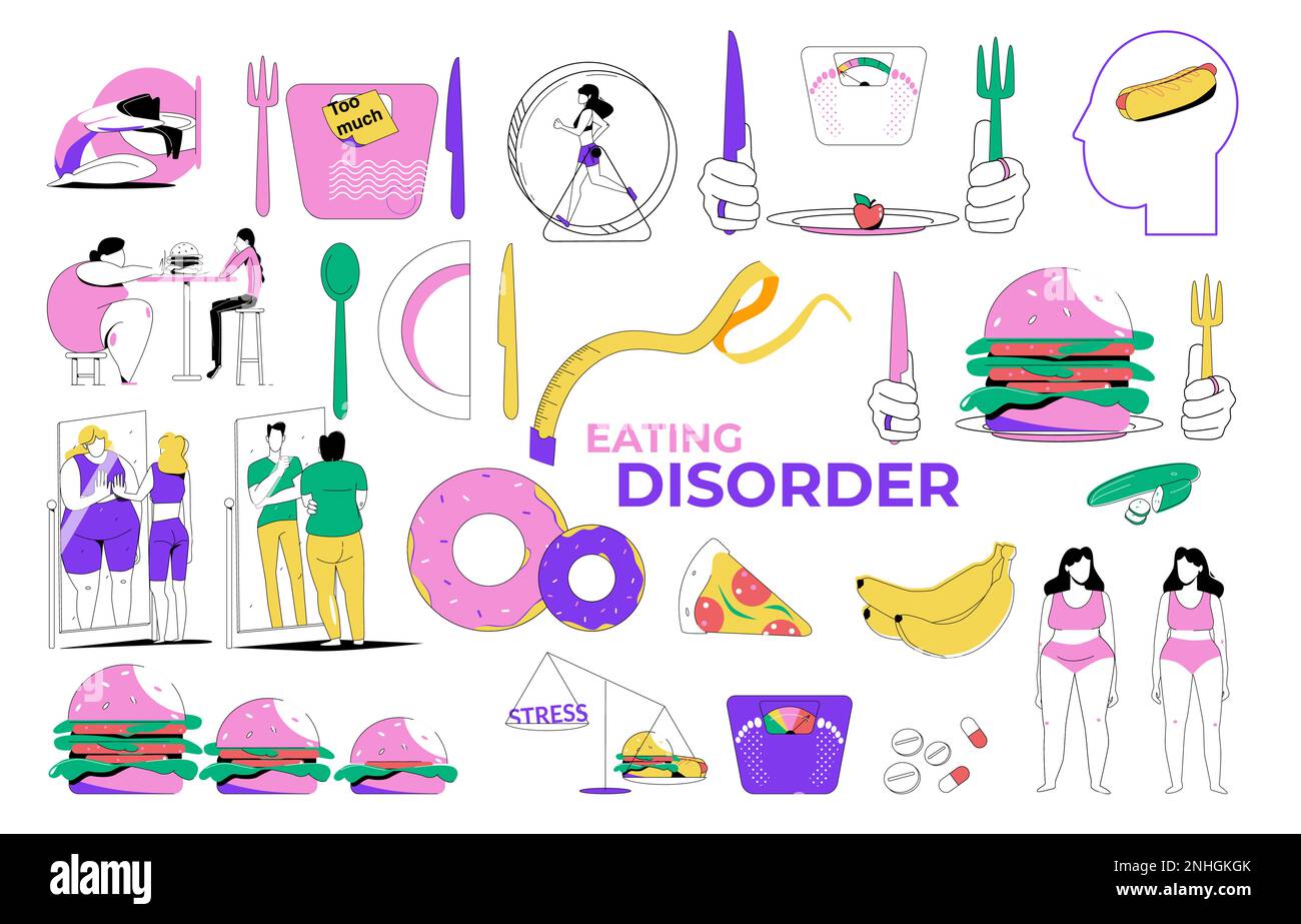 Eating disorder flat set of isolated icons hand drawn style human ...