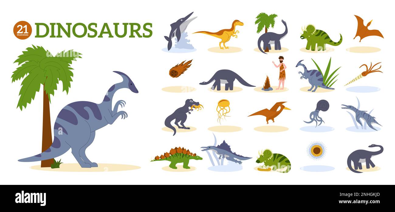 Dinosaur flat composition with different representatives of inhabitants ...