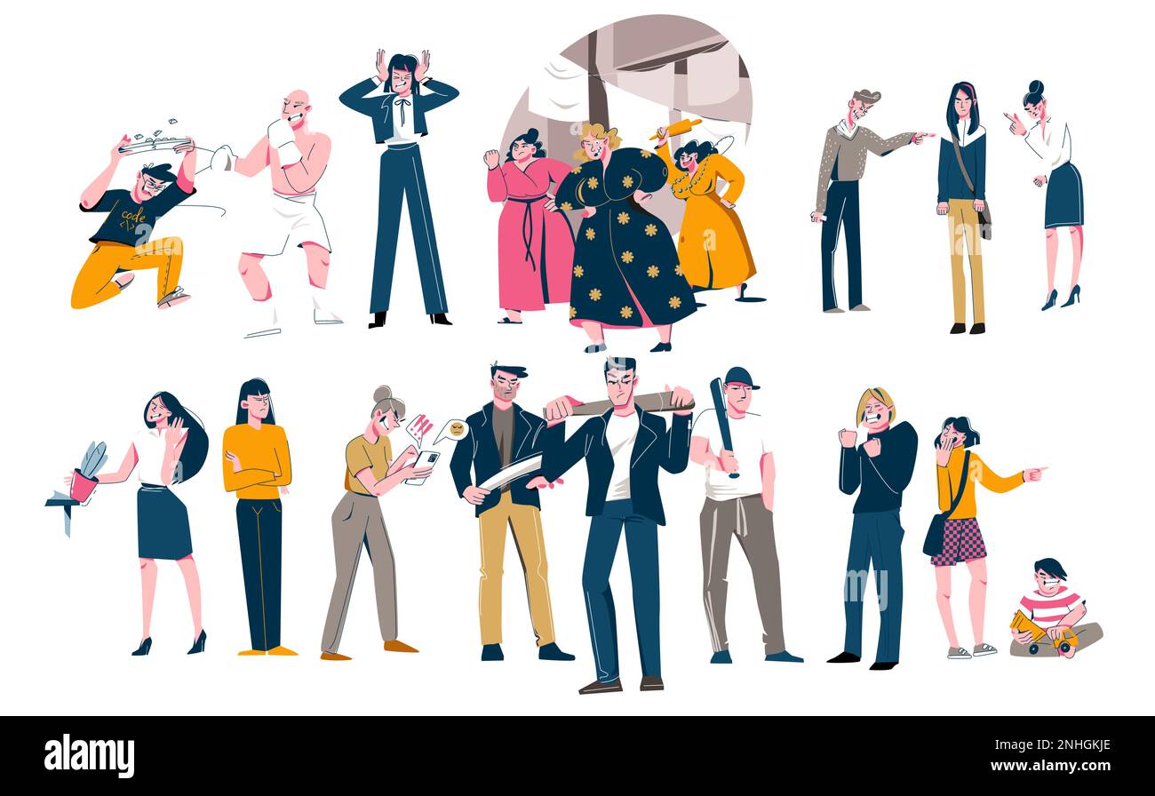 Aggressive people flat set of male and female characters using verbal ...