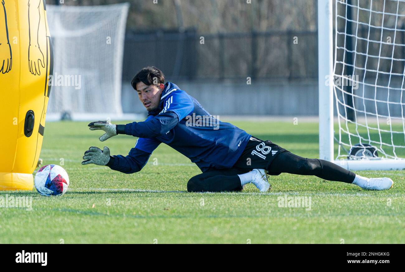 Vancouver Whitecaps FC's goalkeeper Yohei Takaoka dives to make a save ...