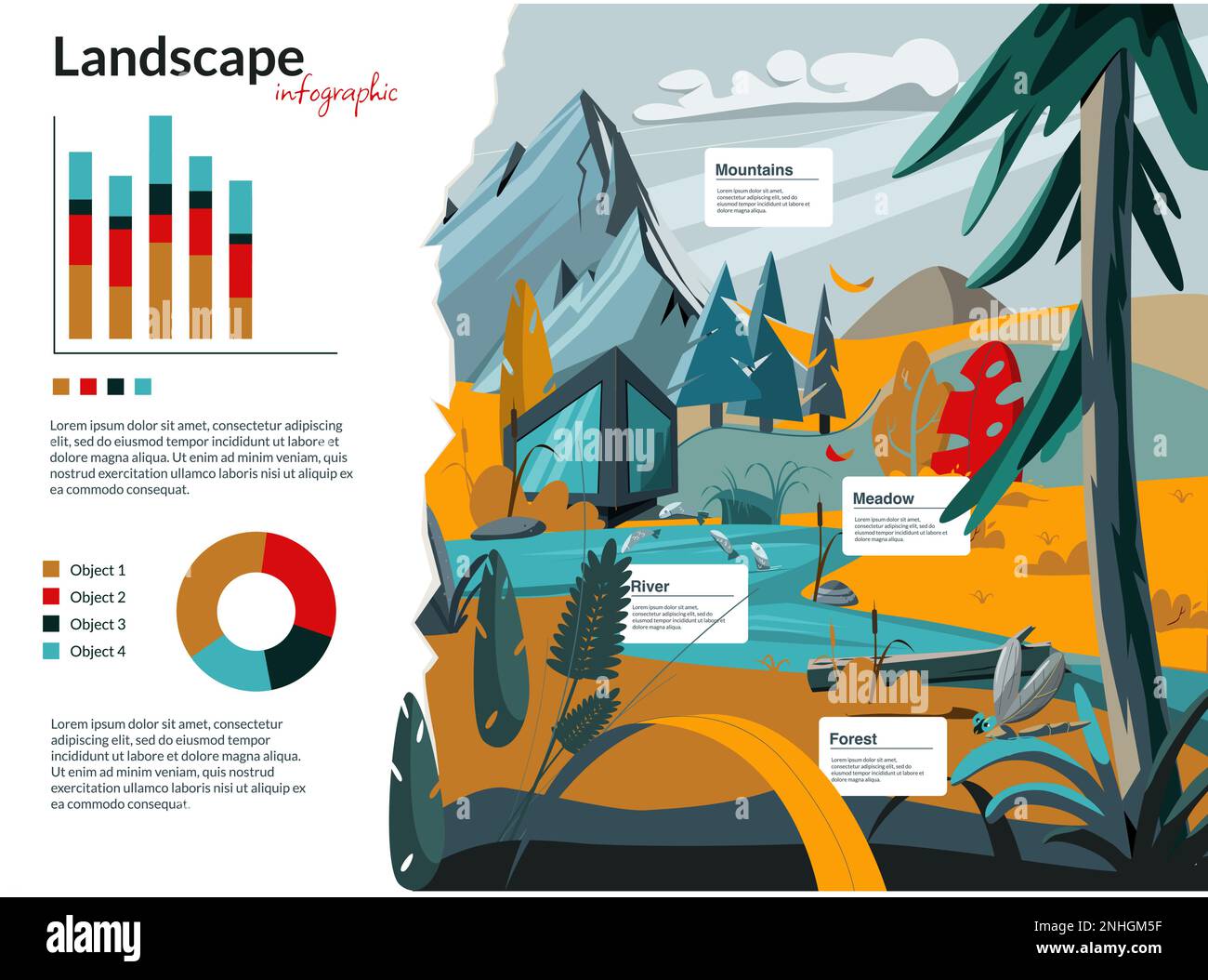 Landscape nature flat infographic composition with outdoor wild scenery ...
