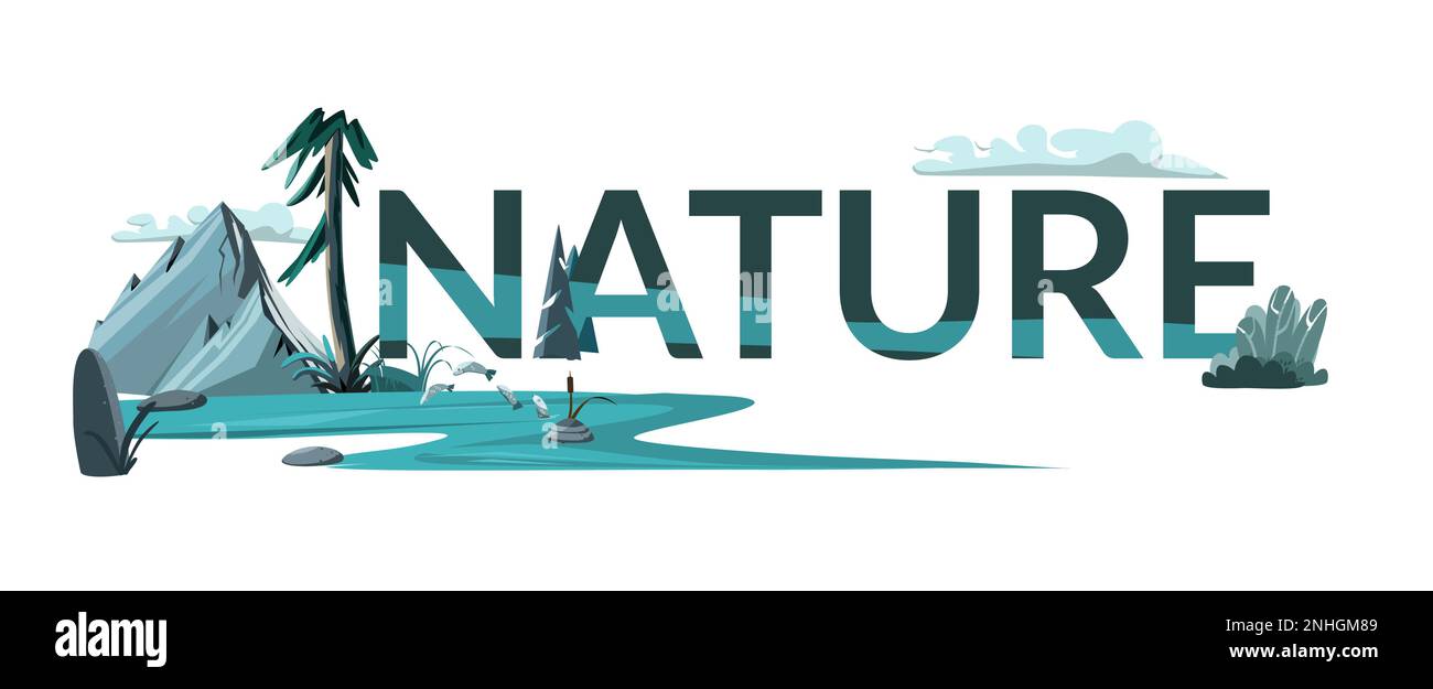 Landscape nature flat composition with text and outdoor scenery with ...