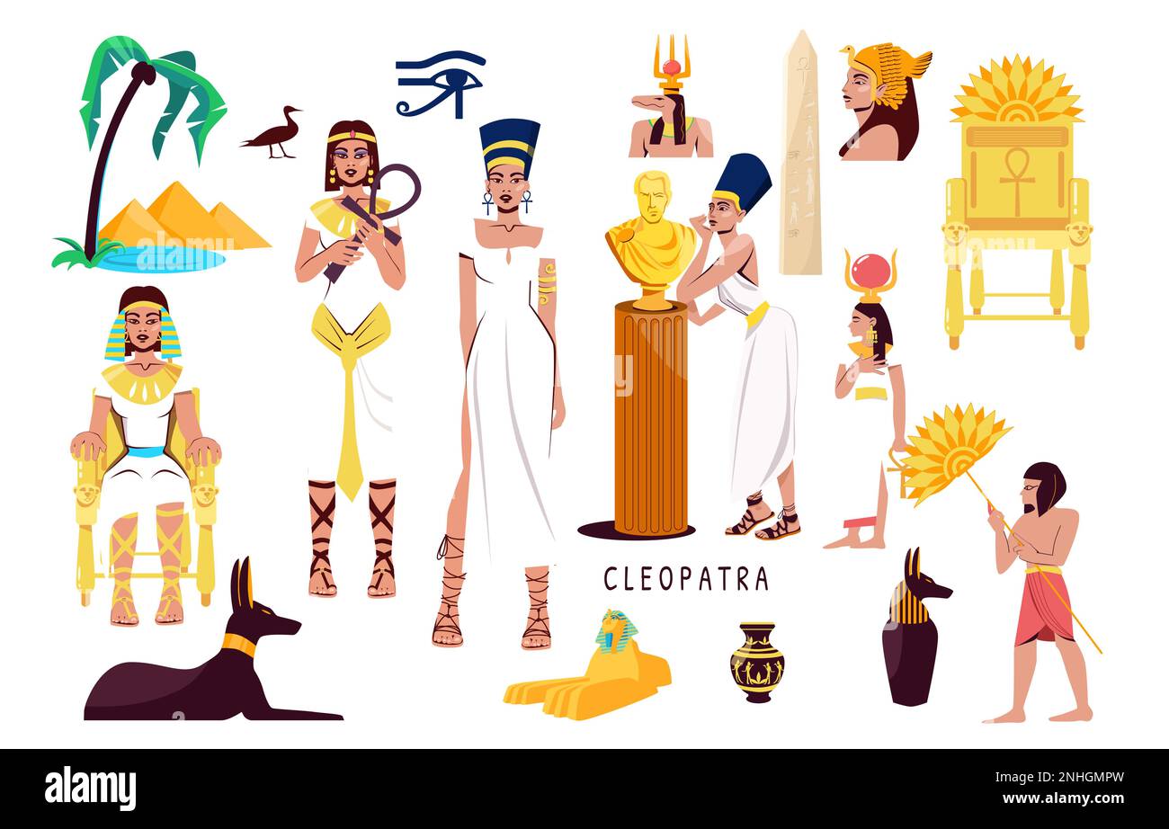 Cleopatra flat set of cultural symbols of ancient egypt so as obelisk ...
