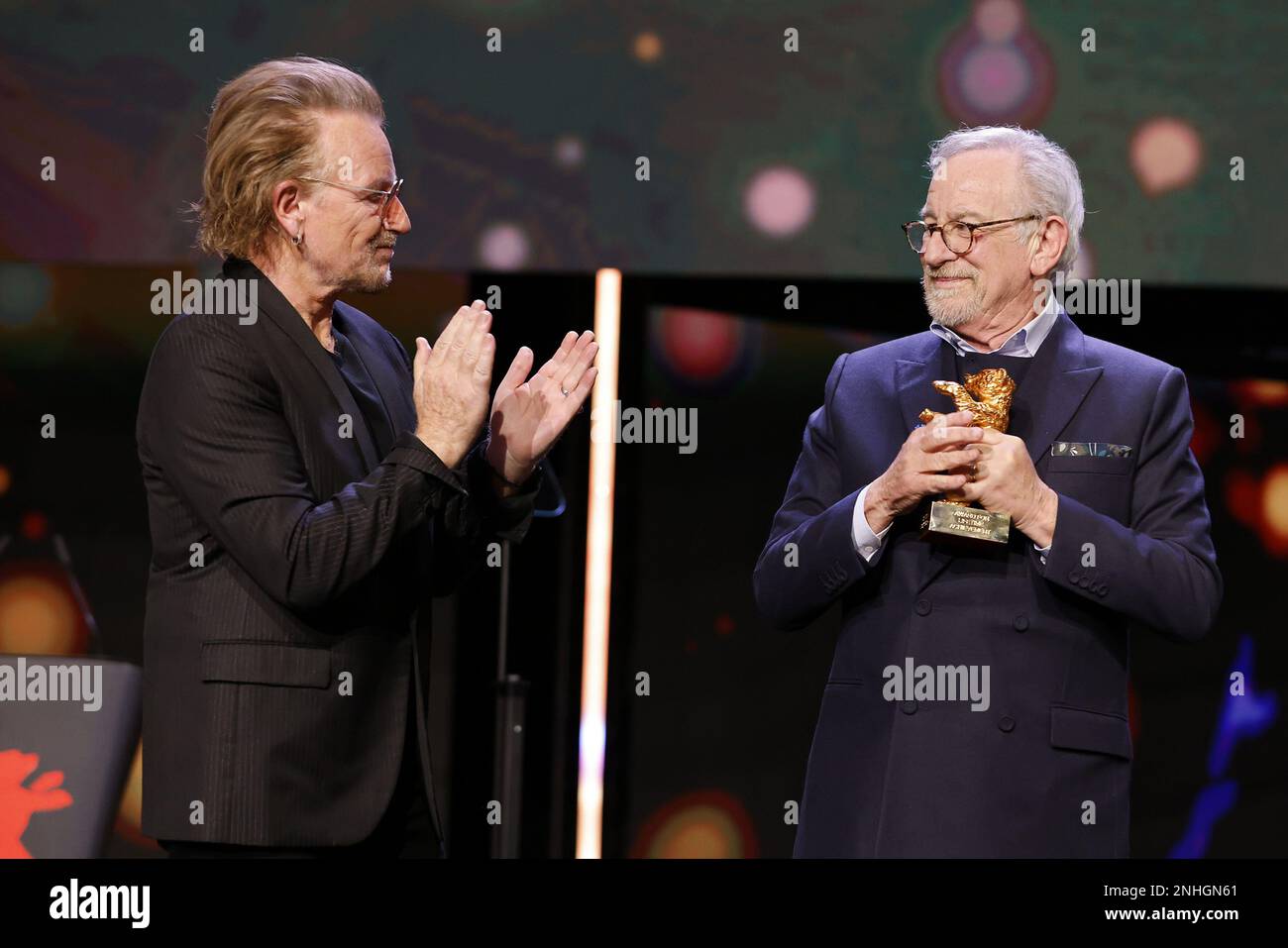 „U2“ Singer Bono and Steven Spielberg seen on stage at Honorary Golden ...