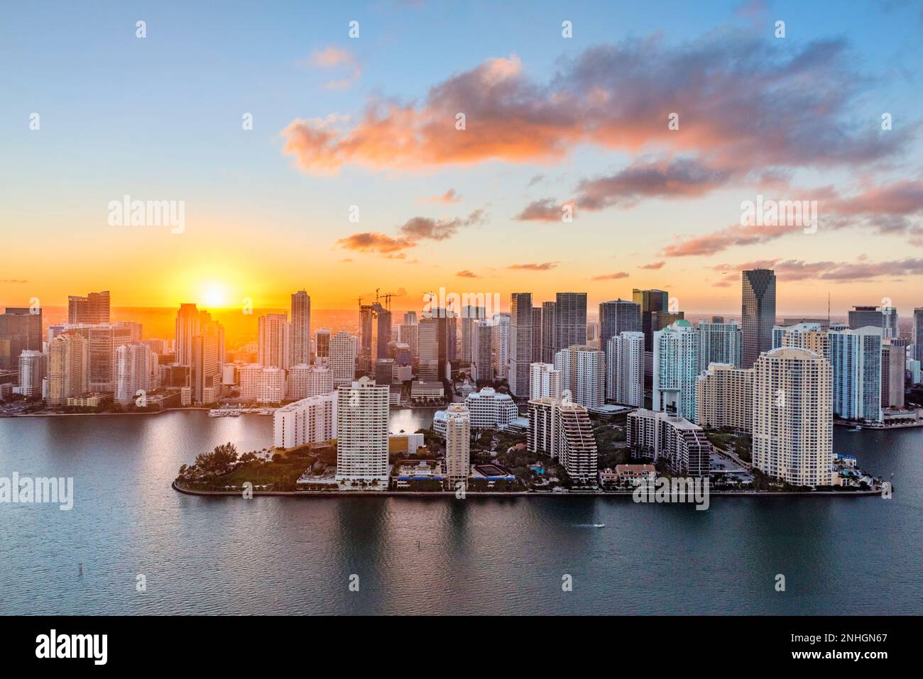 Downtown Miami ,Brickell Key at Sunset,Helicopter Aerial,Miami Florida ...