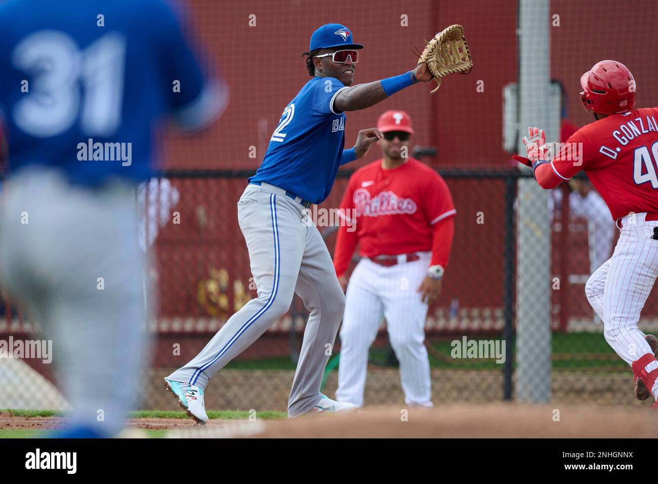 FCL Blue Jays first baseman Cristian Feliz (52) stretches for a throw ...