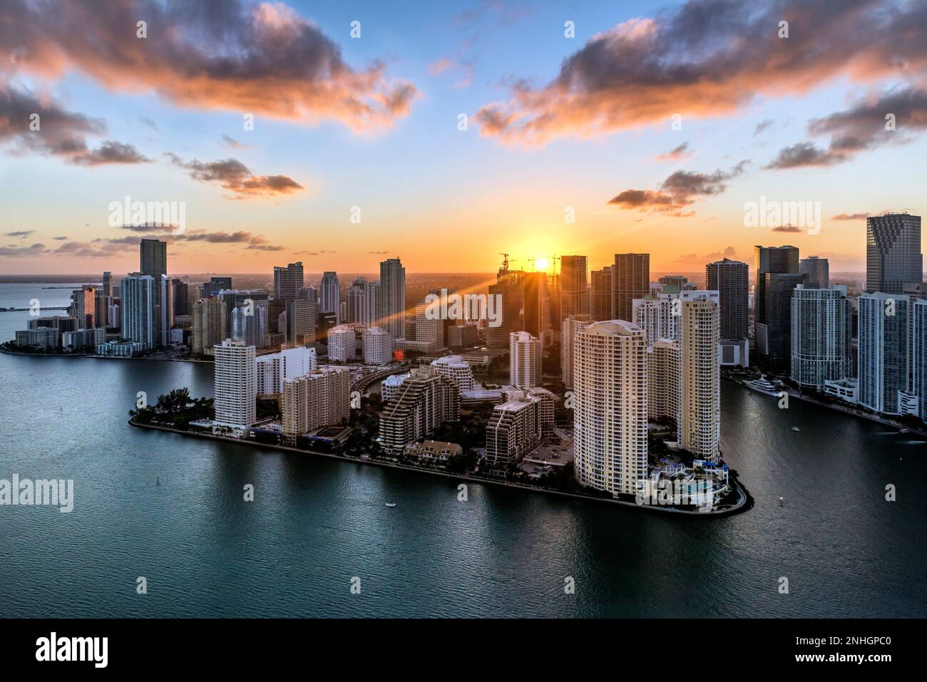 Brickell Key,Miami Downtown at sunset, Aerial, Miami,Miami Beach South ...