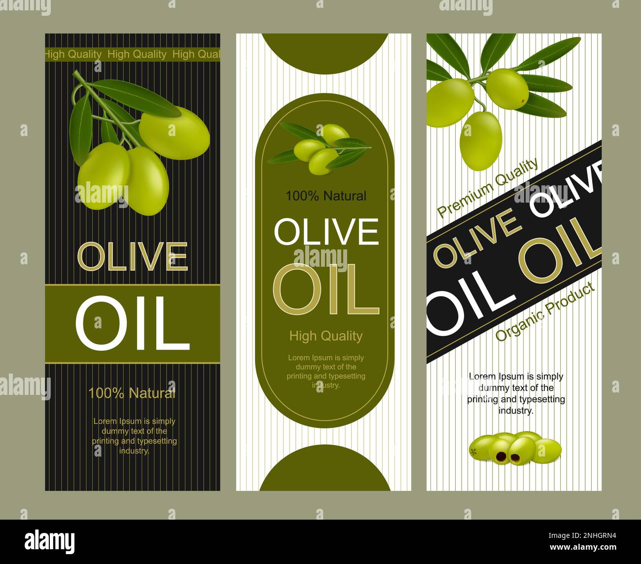 Olives labels realistic set with three vertical stickers for bottles ...