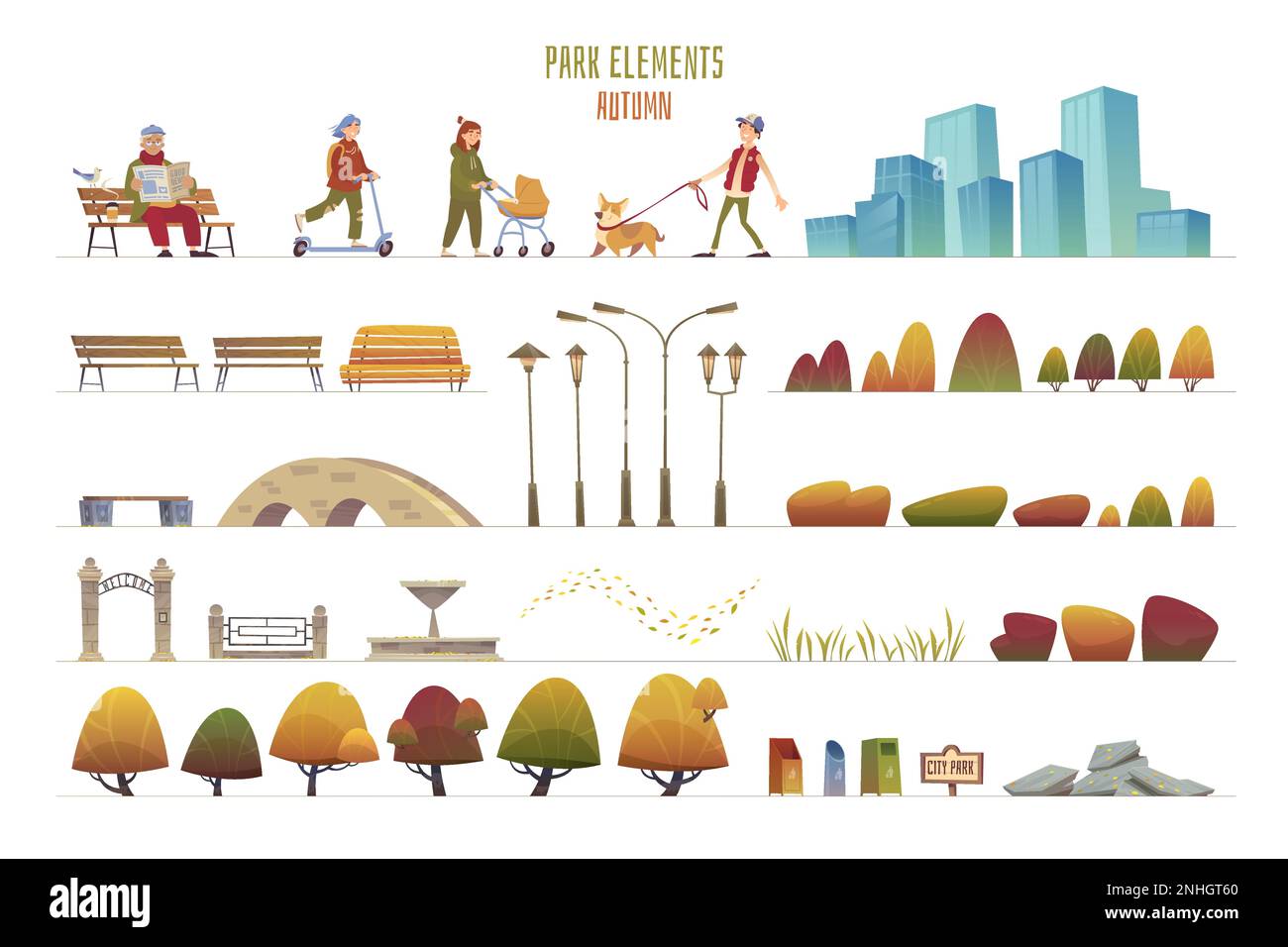 City park autumn set of trees architectural elements and walking people ...