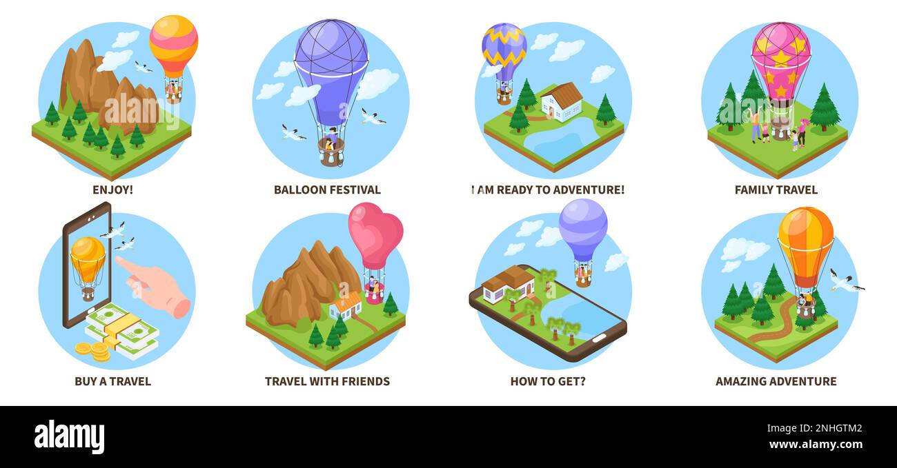Isometric hot air balloon concept set and mobile travel applications ...