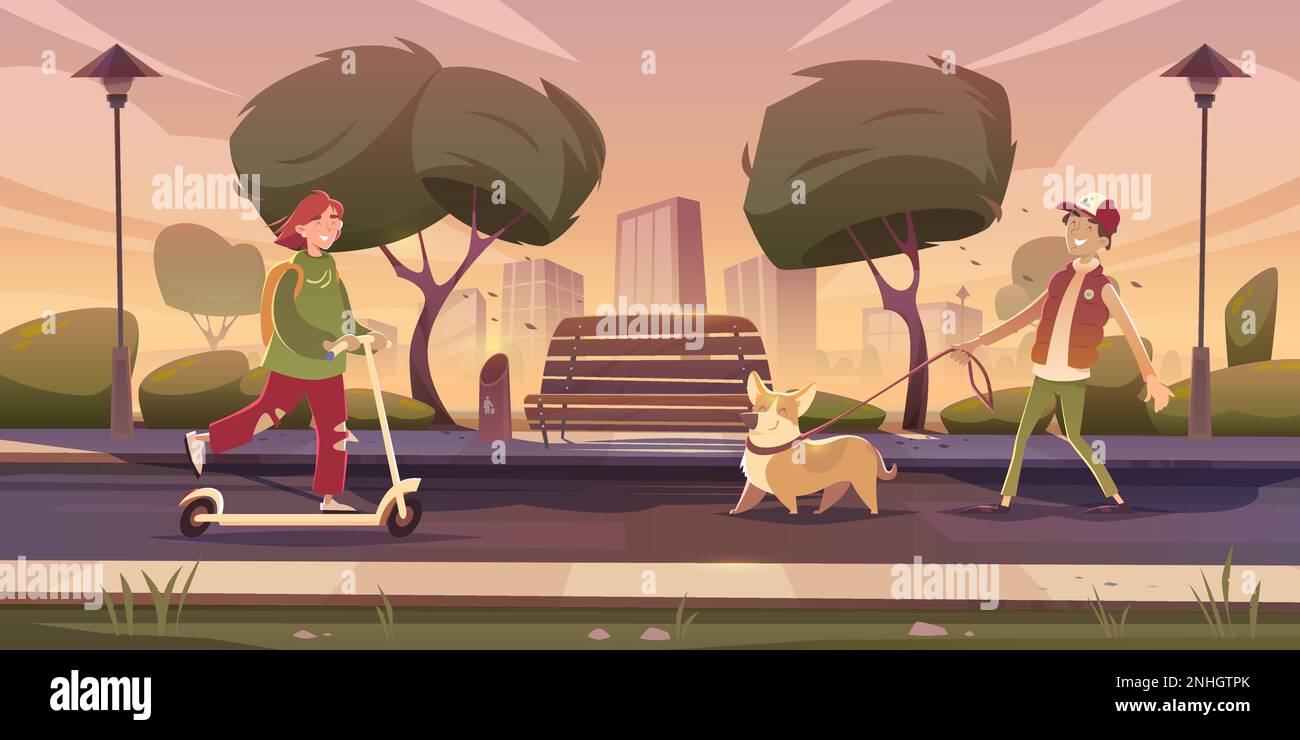 Evening landscape of city park with empty bench and happy people riding ...