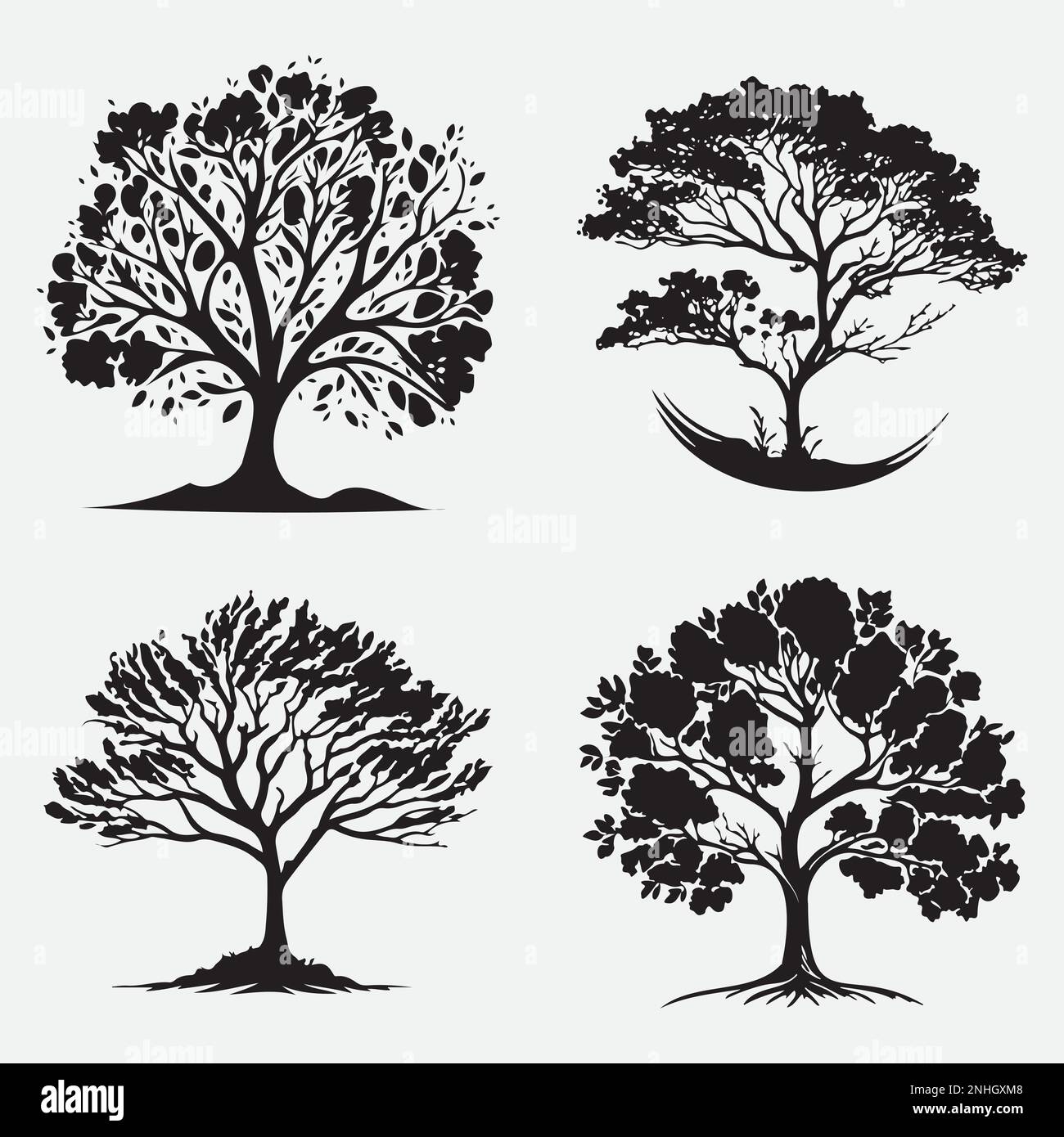 Collection big tree silhouettes with root isolated on a white ...