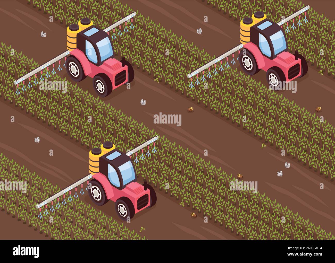 Isometric pest control concept with agricultural machines spraying the ...
