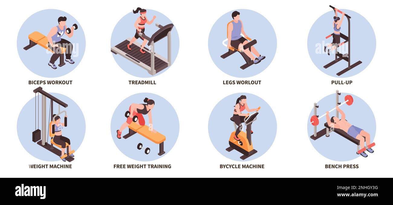 Isometric gym fitness compositions set with people doing free weight ...