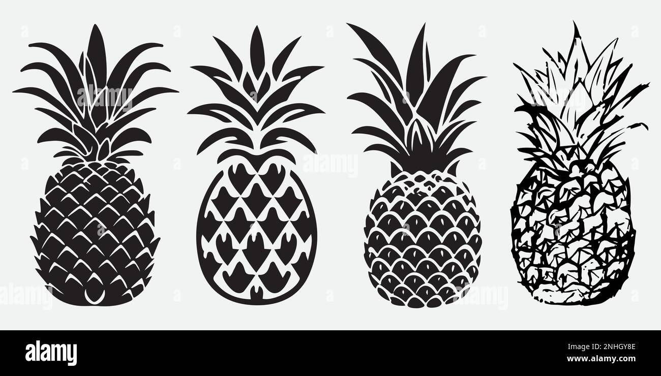 Vector set of five pineapple fruit. Tropical summer vacation collection ...