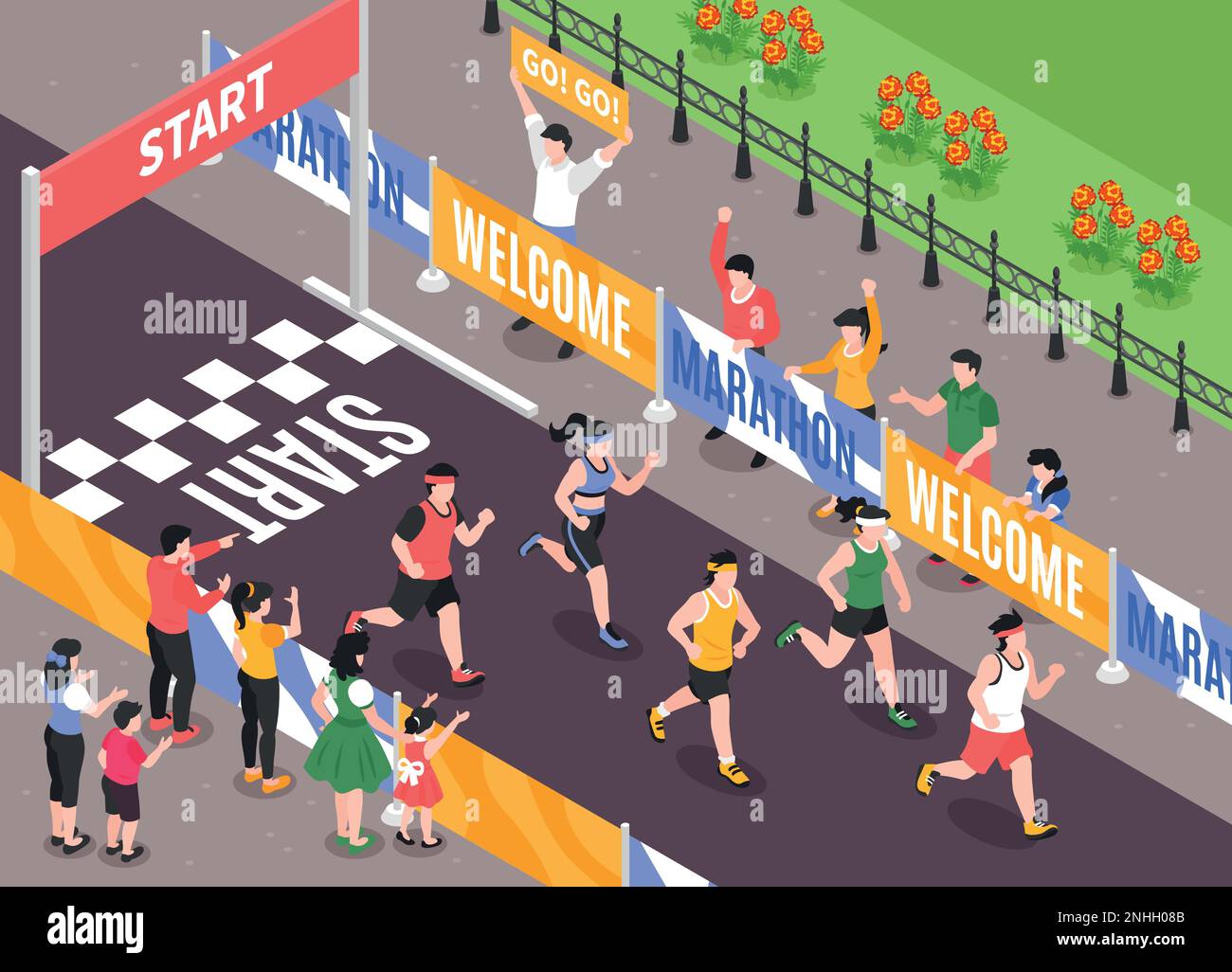 Isometric marathon concept with people cheering up running sportsmen ...