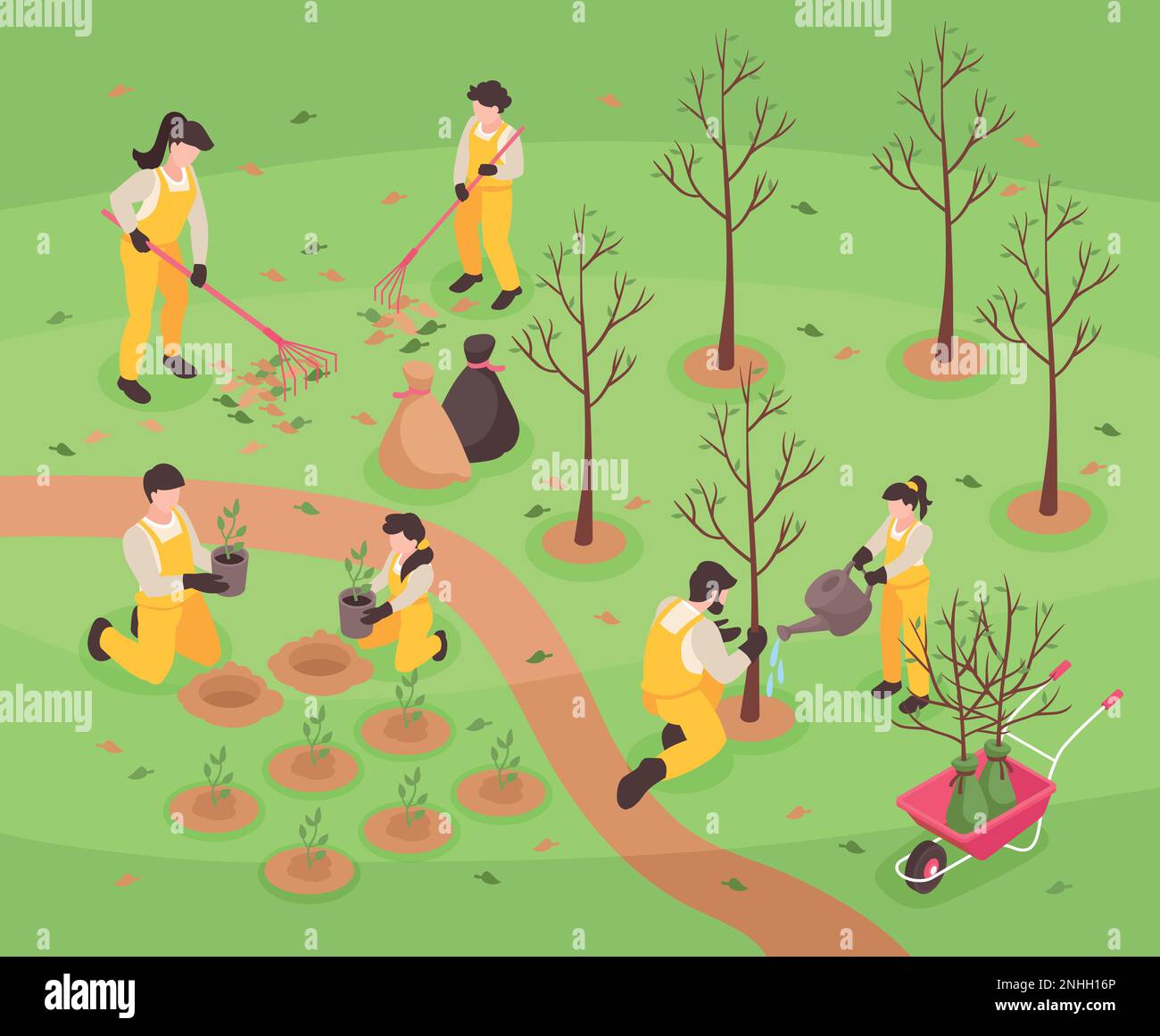 Teenagers work in park watering trees and seedeling plants isometric ...