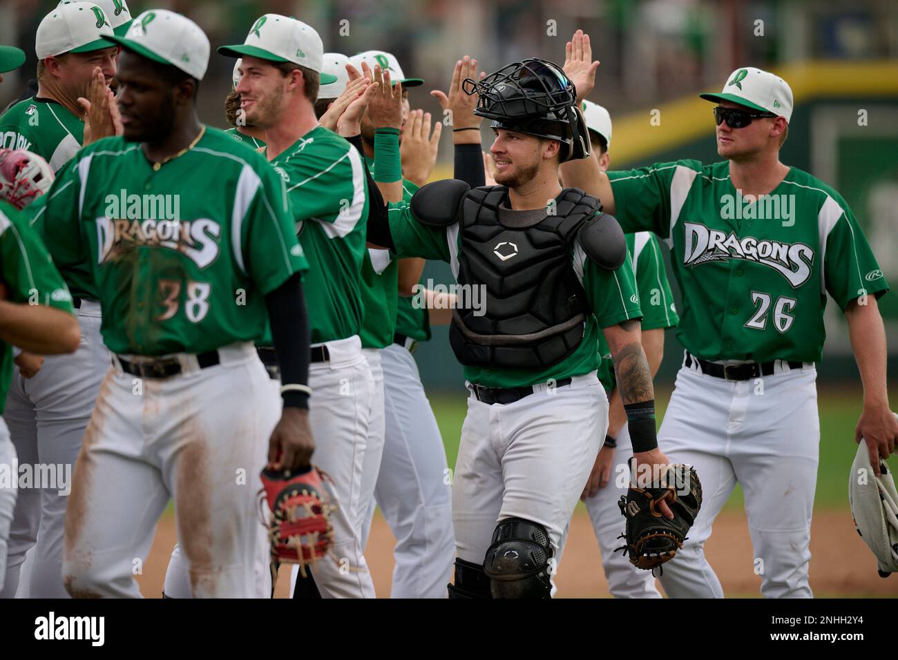 Dayton Dragons catcher Matheu Nelson (5) and pitcher Owen Holt (26 ...