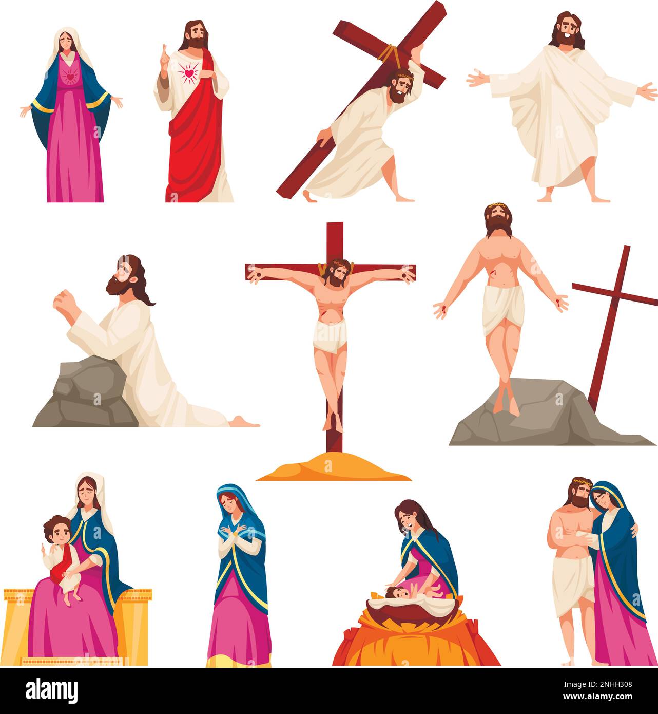 Holy bible new testament cartoon icons set with Jesus Christ and Virgin ...