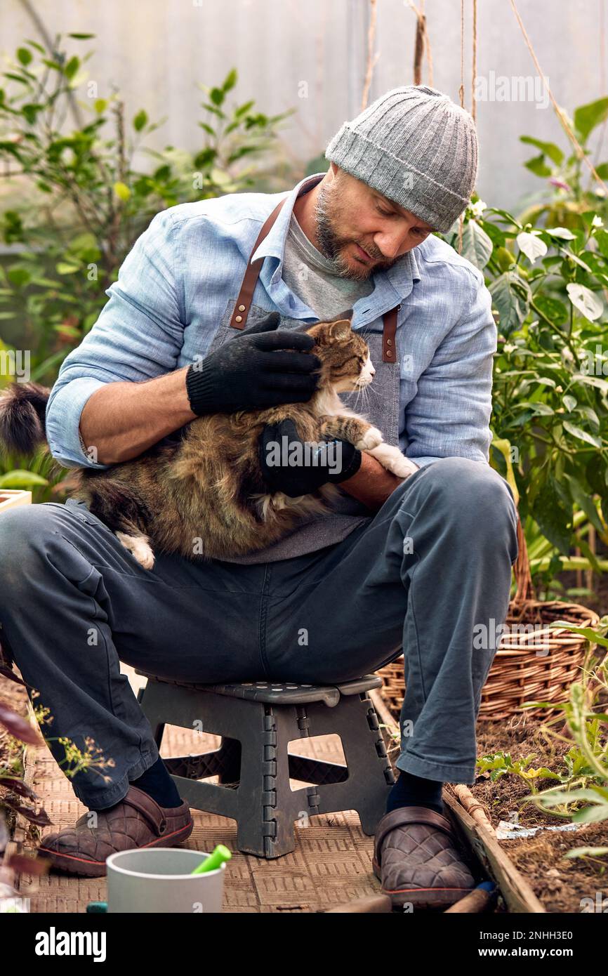 male farmer in hat holds on his hands a striped gray cat Stock Photo ...
