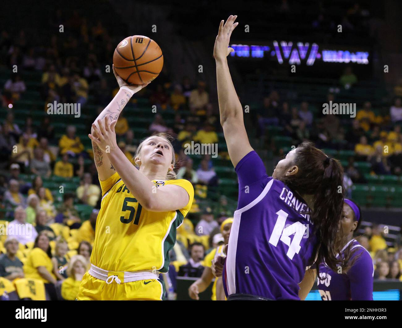 Baylor forward Caitlin Bickle (51) shoots over TCU forward Bella ...