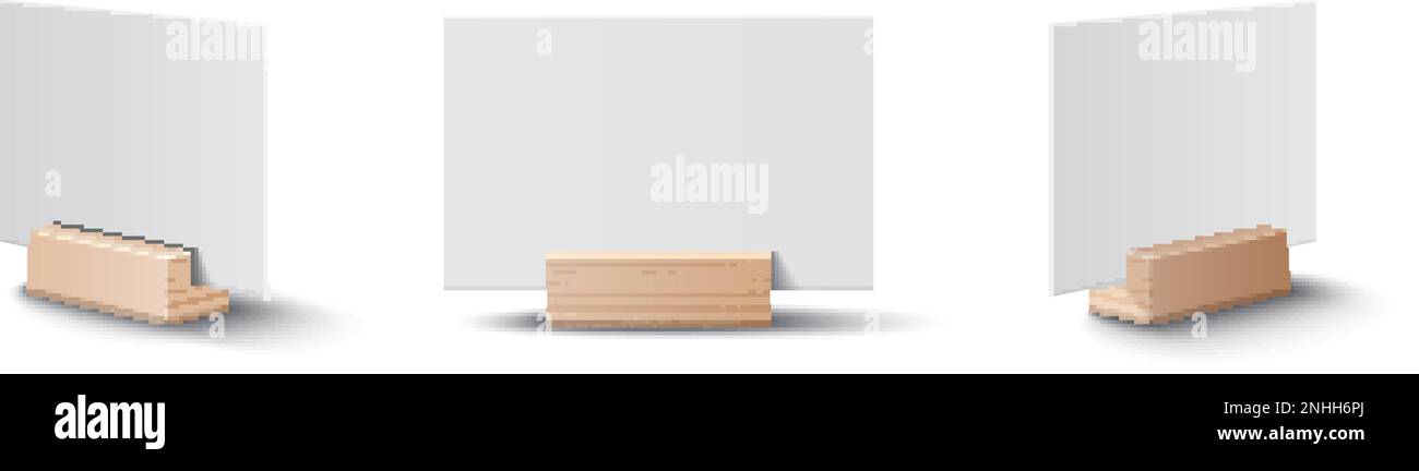 White empty place cards on wooden holder from three different angles ...