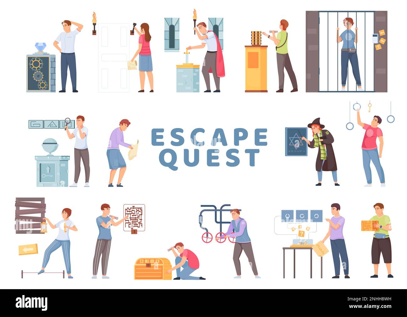 Quest escape game flat icon set visitors of the quest try to pass it ...