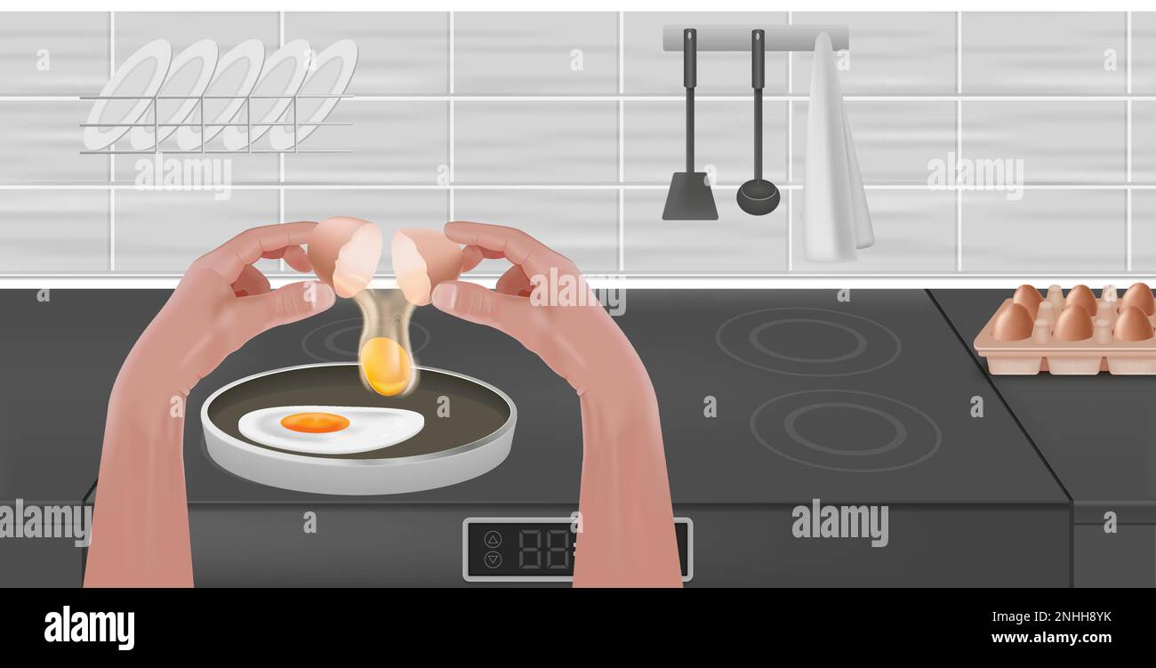 Eggs cook realistic composition morning cooking eggs in the kitchen in ...