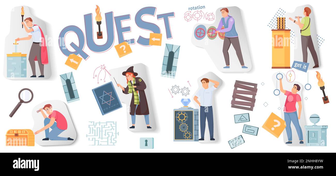 Quest escape game flat collage icon set different elements of quest ...
