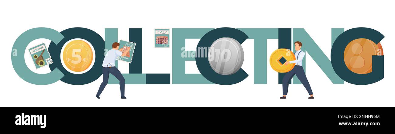 Collectibles hobby flat colored composition with green big letters ...