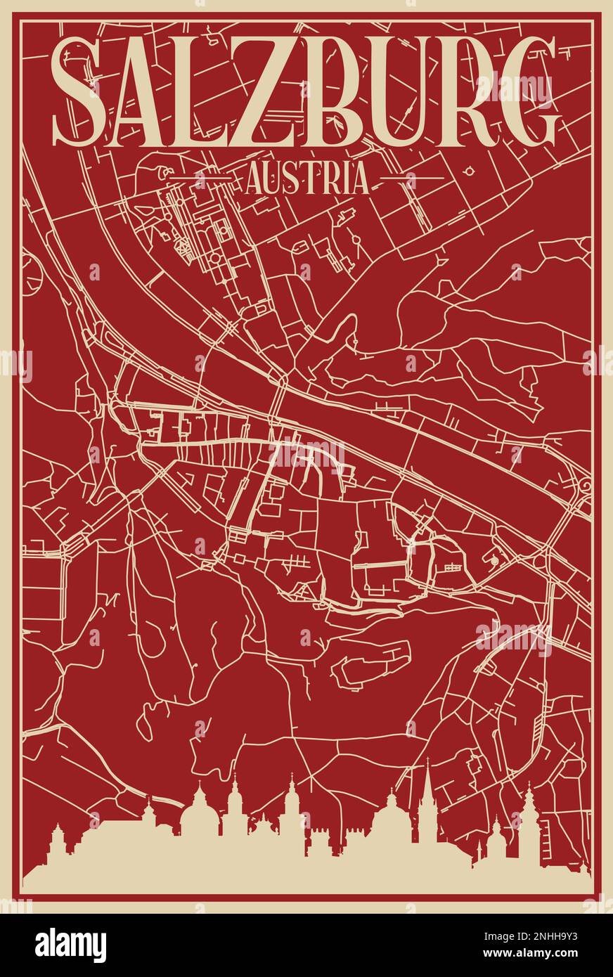 Road network poster of the downtown SALZBURG, AUSTRIA Stock Vector ...