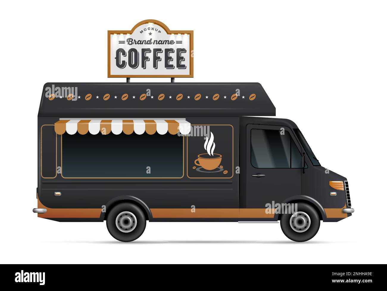 Realistic black coffee shop food truck mockup side view vector ...