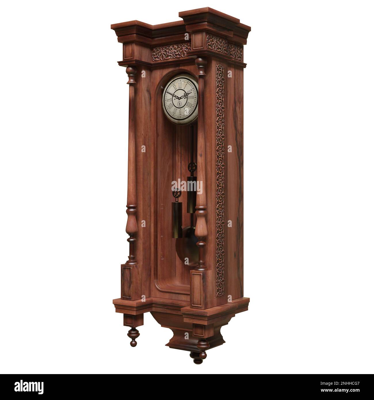 3D illustration. Vintage wooden clock clock isolated on white ...