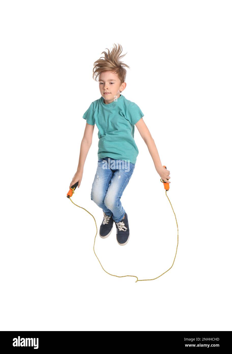 Cute little boy with jump rope on white background Stock Photo - Alamy