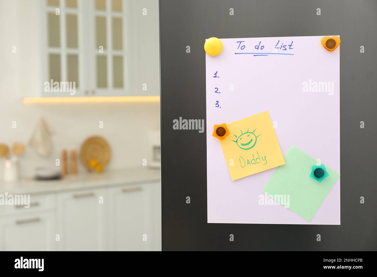 Blank To do list and notes on fridge in kitchen. Space for text Stock ...