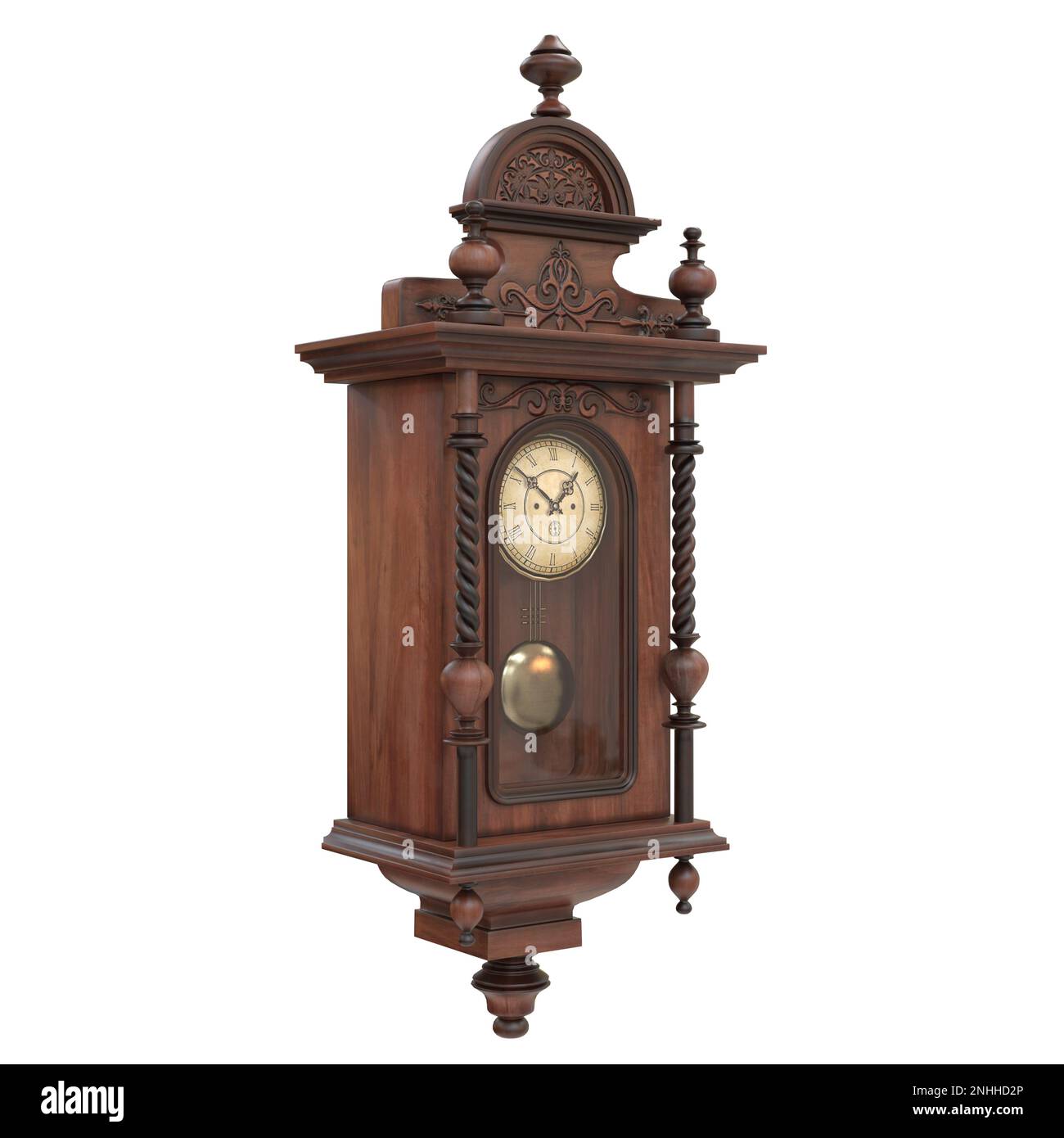 3D illustration. Vintage wooden clock clock isolated on white ...