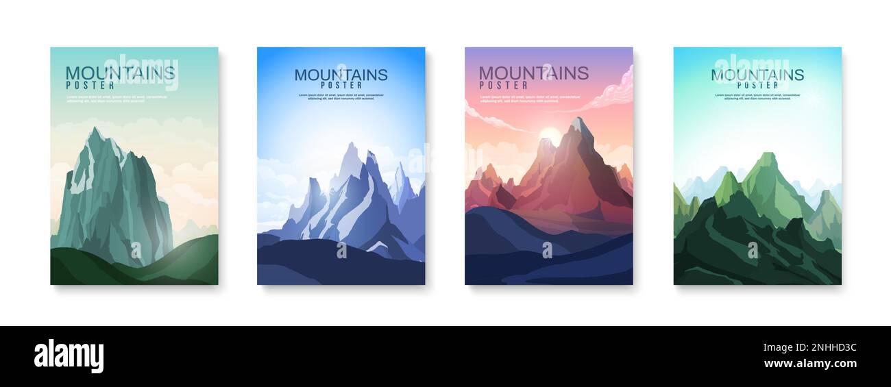 Flat vertical poster template set with landscape of mountains and sky ...