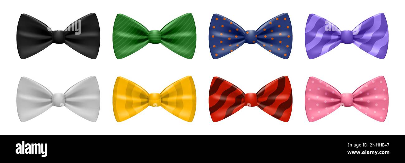 Realistic bow tie set with eight accessories of different colors and ...