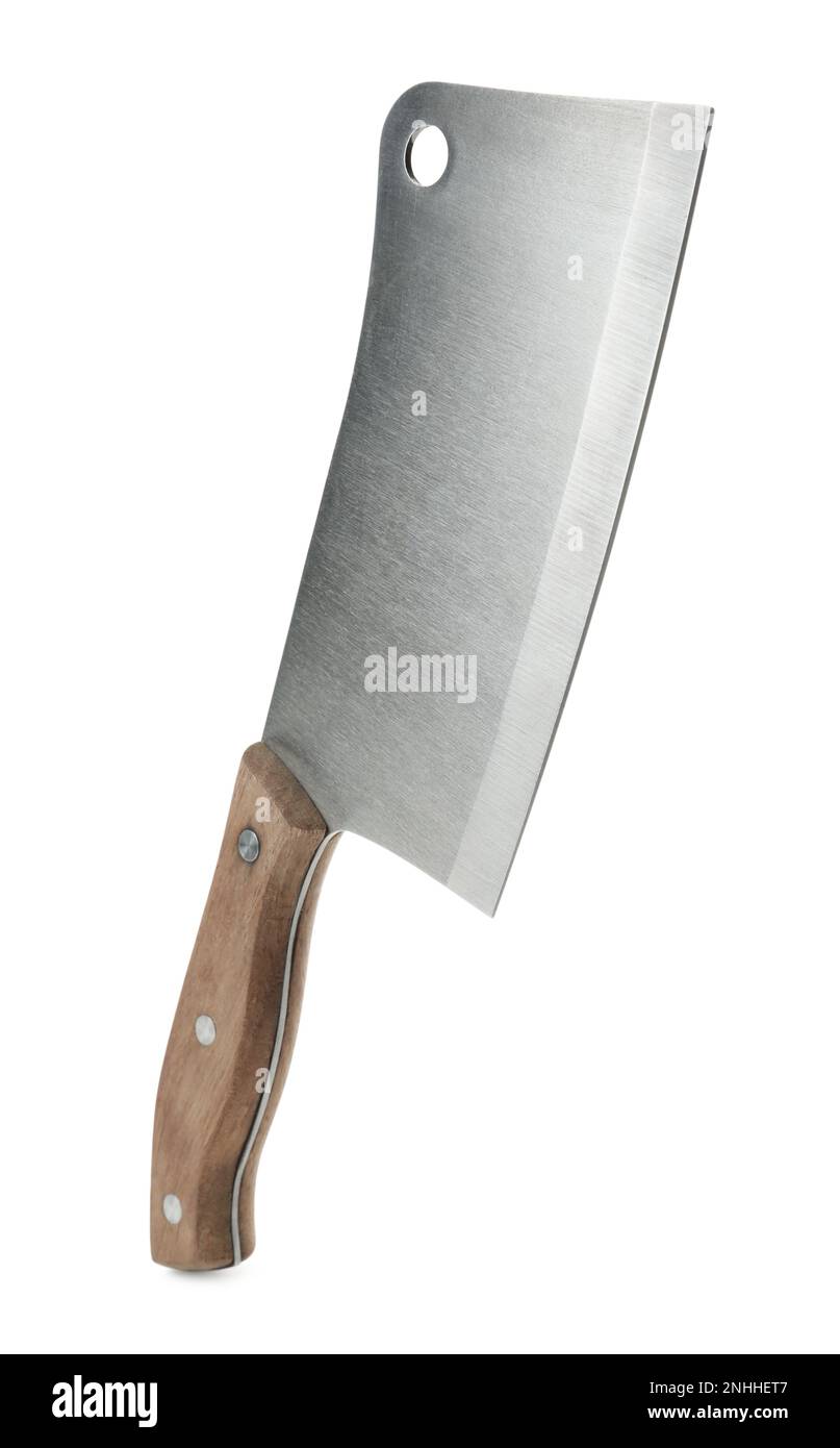 Large sharp cleaver knife with wooden handle isolated on white Stock ...
