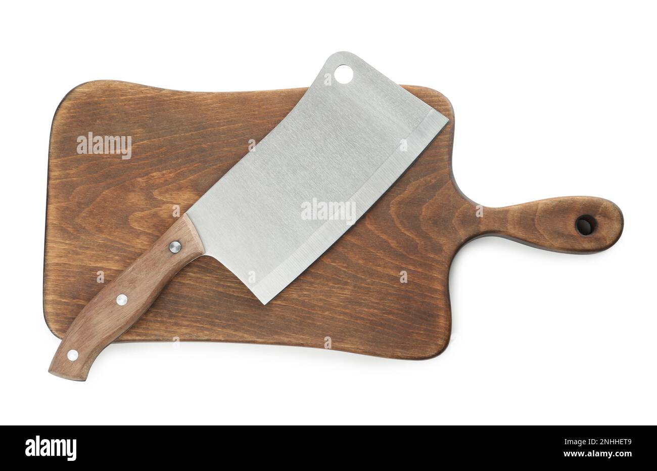 Large sharp cleaver knife with wooden board isolated on white, top view ...