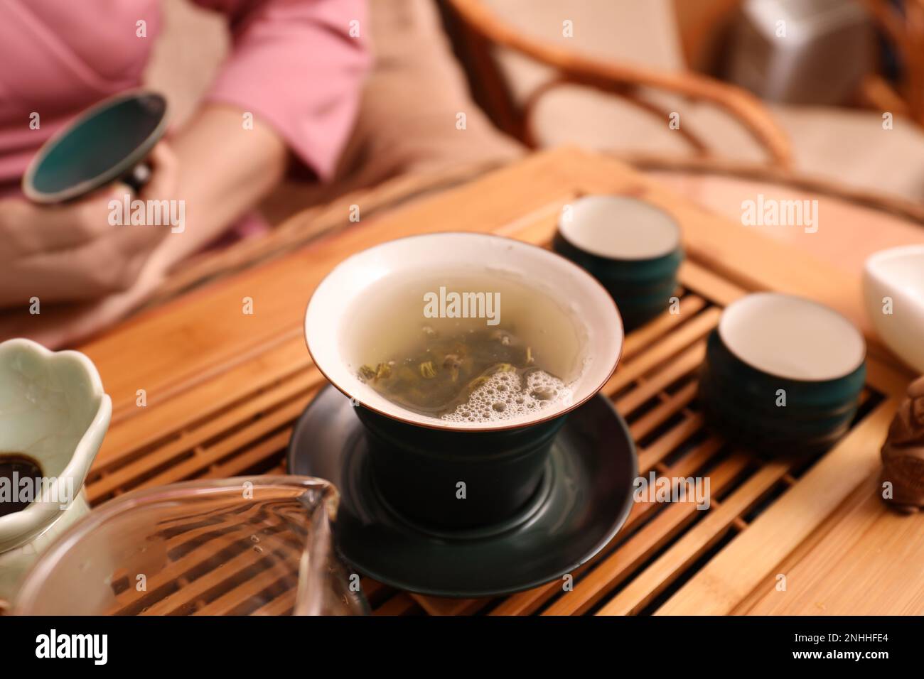 Traditional tea ceremony. Master near tools and tray, closeup Stock ...