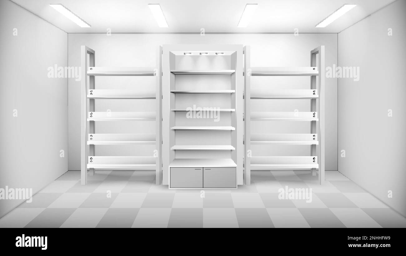 Shop interior in white color with three empty racks and ceiling lights ...