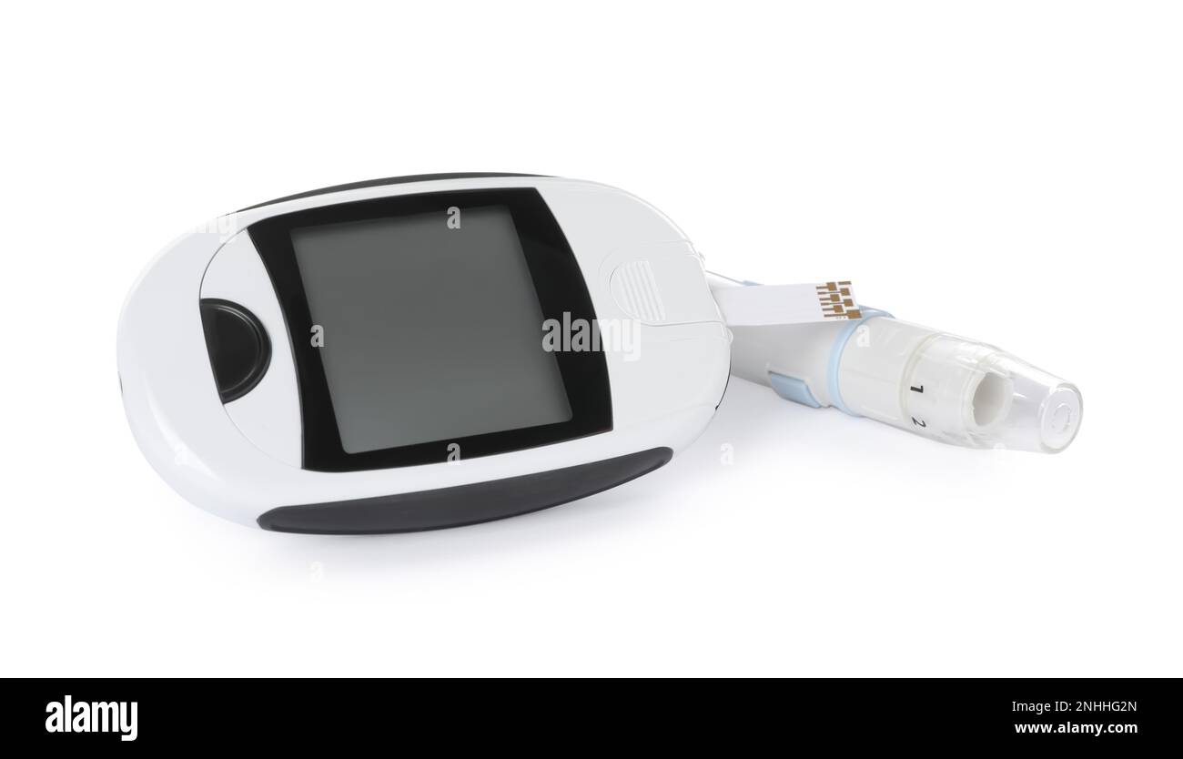 Digital glucometer and lancet pen on white background Stock Photo - Alamy
