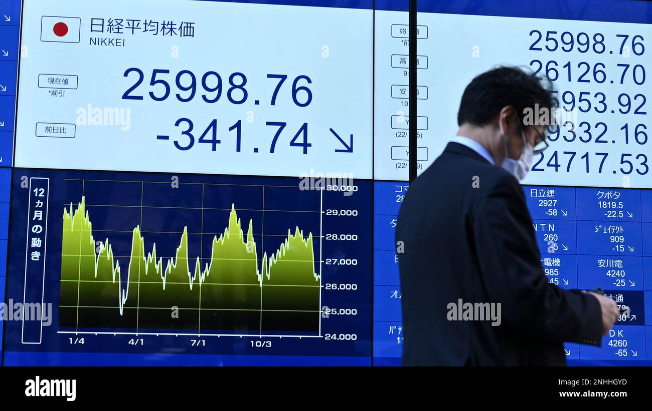 An electric board shows Nikkei stock average falling in Tokyo on Dec ...