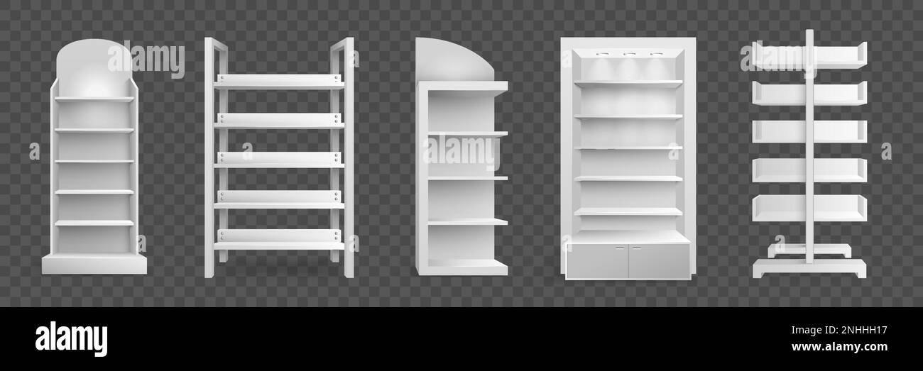 Realistic set of empty white stands for supermarket and store interior ...