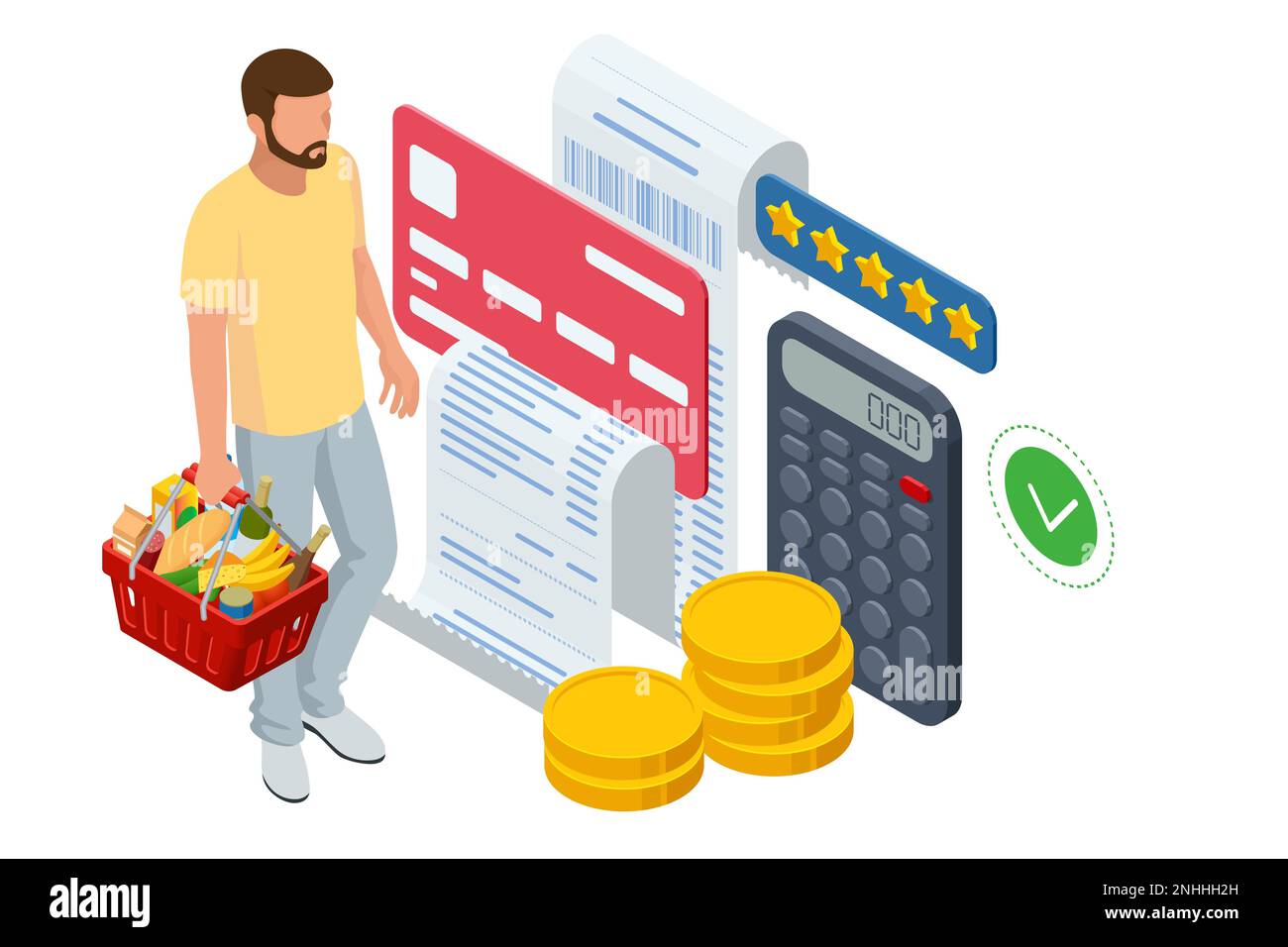 Isometric checking a grocery receipt, grocery shopping and expenses ...
