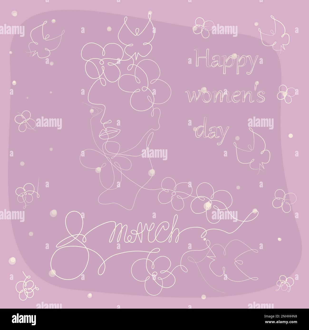 Abstract female face in one continuous line with flowers, butterflies ...