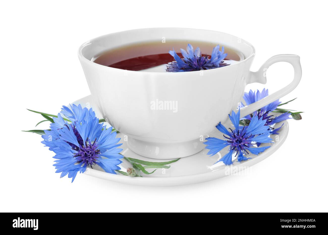 Cornflower tea and fresh flowers on white background Stock Photo - Alamy